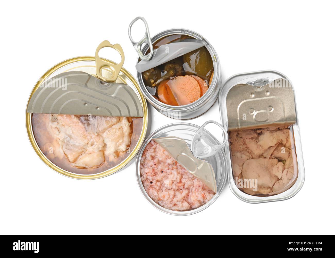 Open tin cans with different products on white background, top view ...