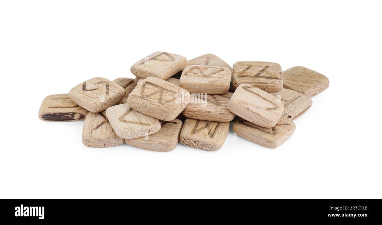 Pile of wooden runes isolated on white Stock Photo - Alamy
