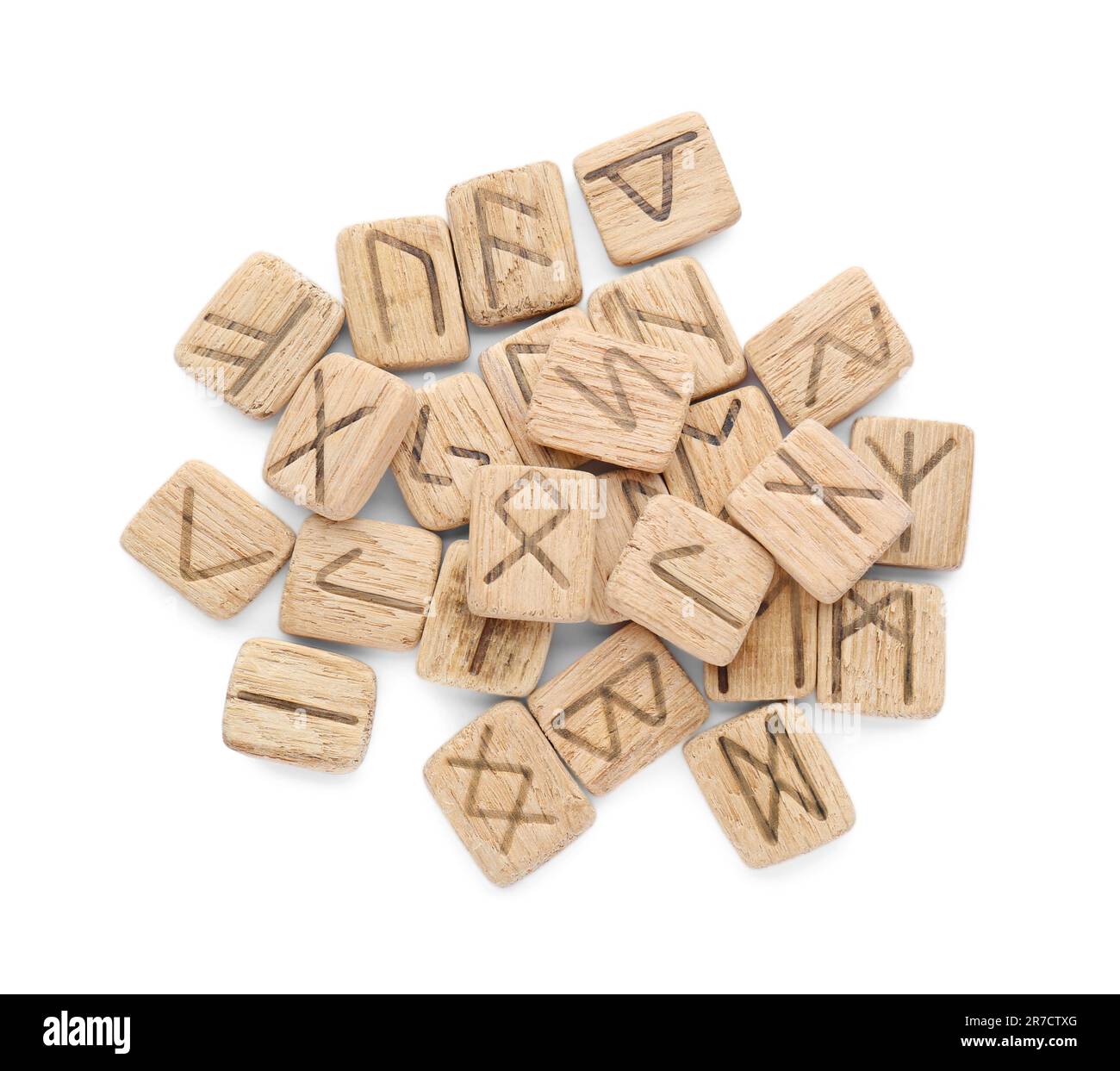 Pile of wooden runes isolated on white, top view Stock Photo - Alamy