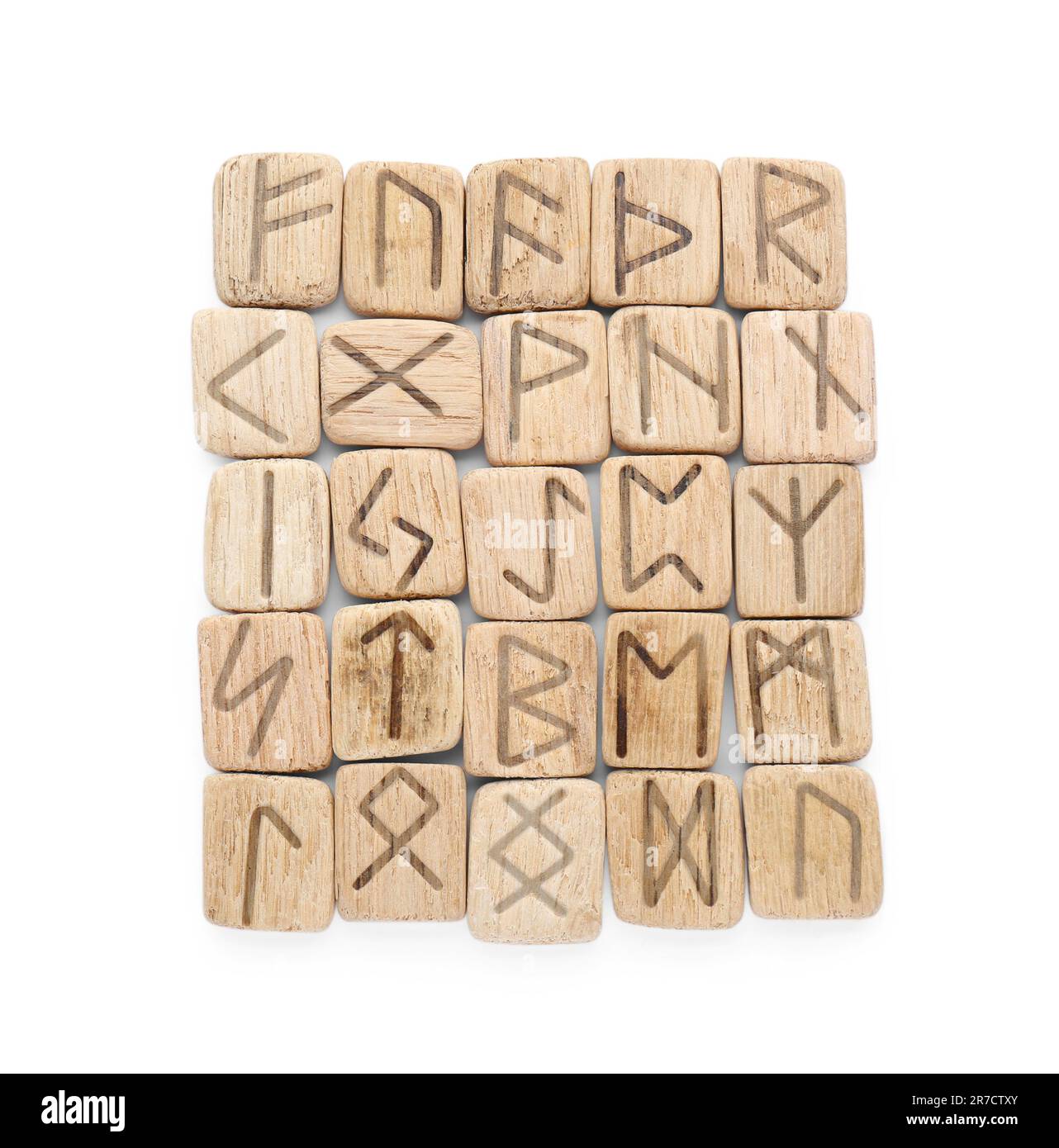 Many wooden runes isolated on white, top view Stock Photo - Alamy