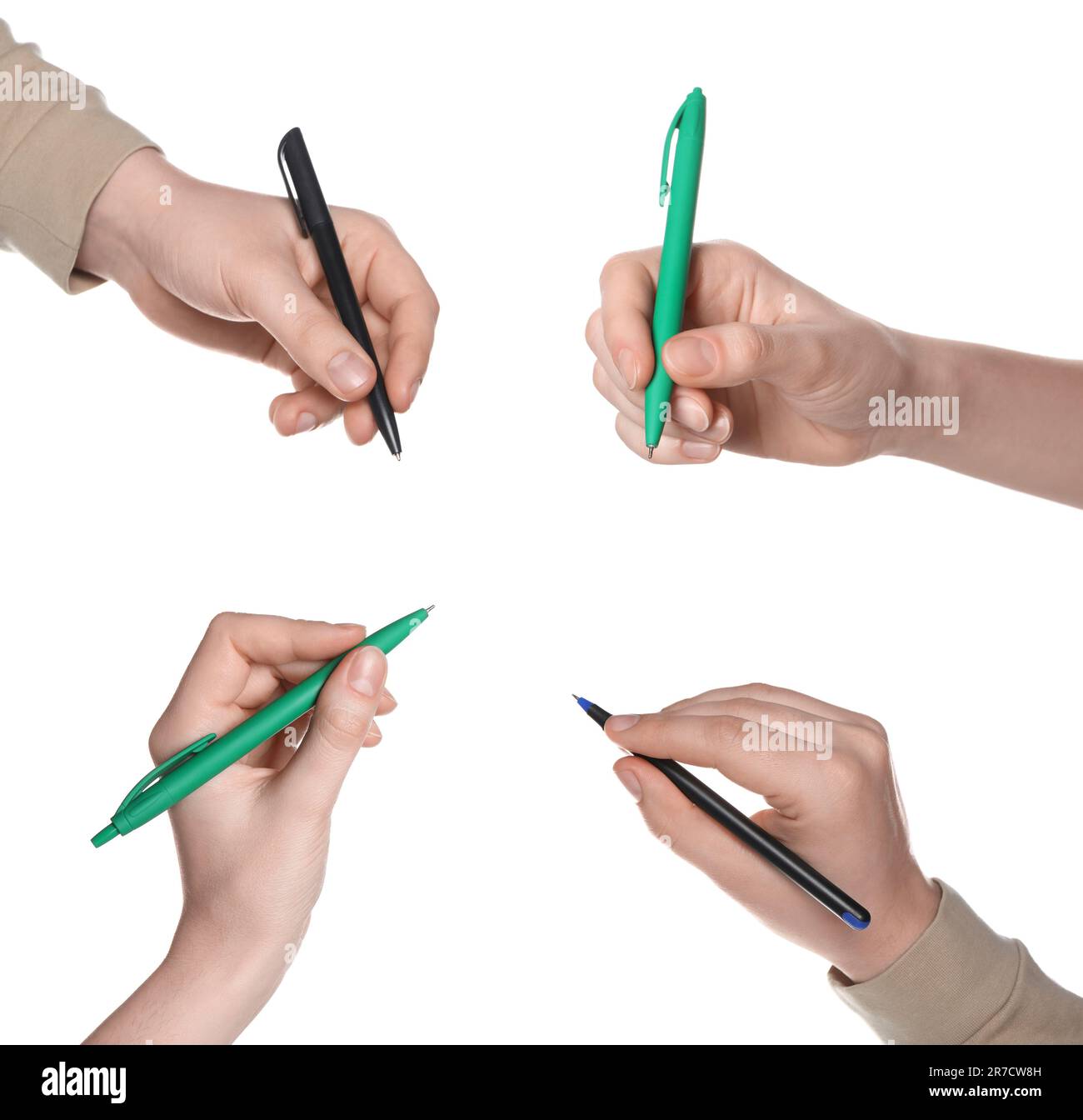 Woman and man holding pens on white background, closeup. Collage design ...