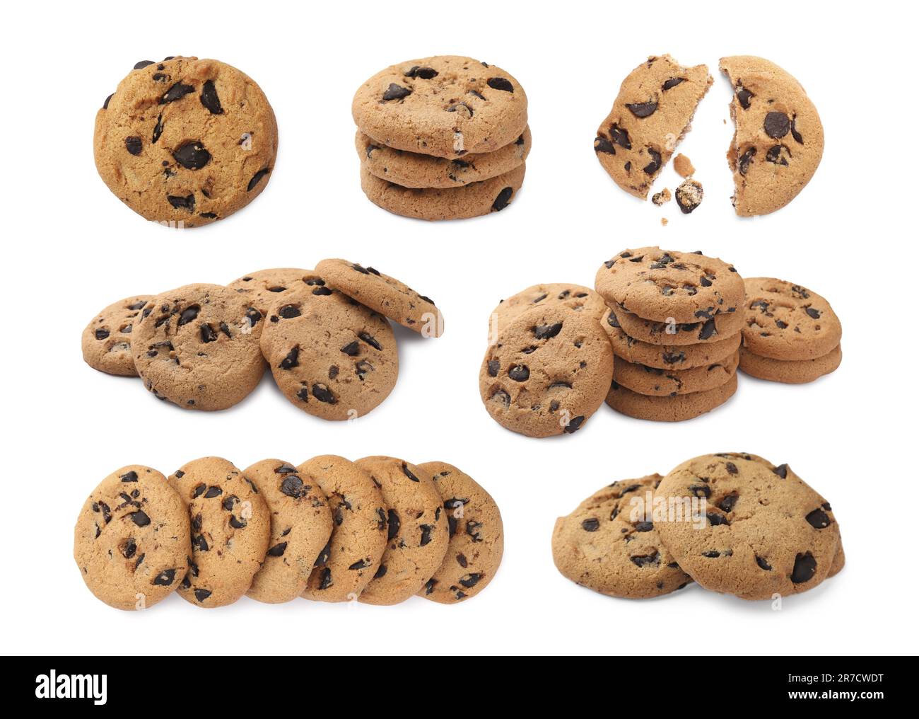 Tasty chocolate chip cookies on white background, collage design Stock ...