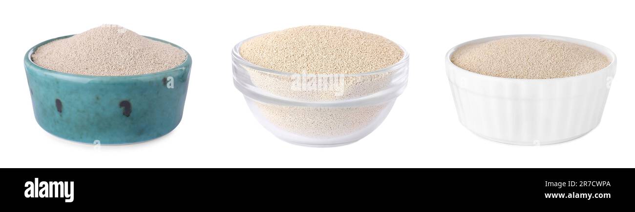 Collage with dry yeast in bowls on white background. Leavening agent ...