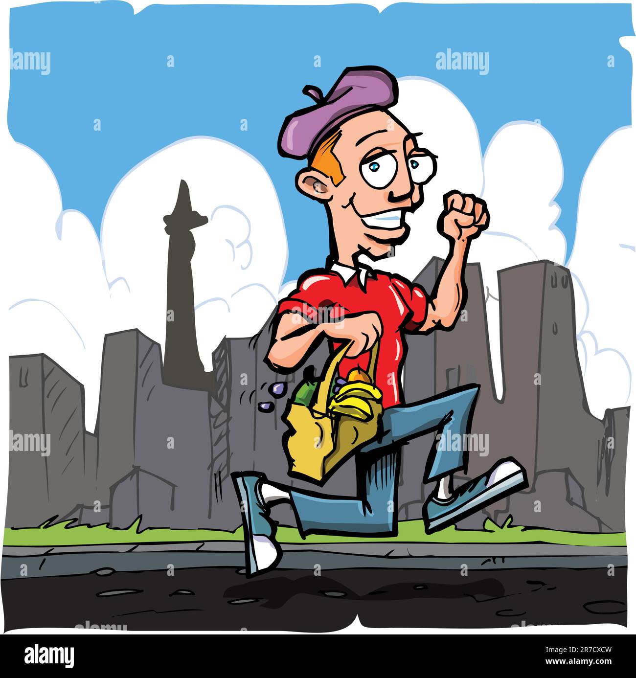 Cartoon of a Frenchman with fruit. City silhouette behind Stock Vector ...