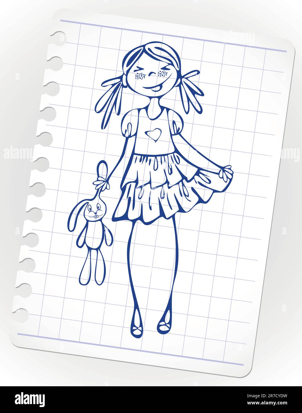 Hand-drawn fashion smile girl. Vector doodles on lined paper. Sketchy ...