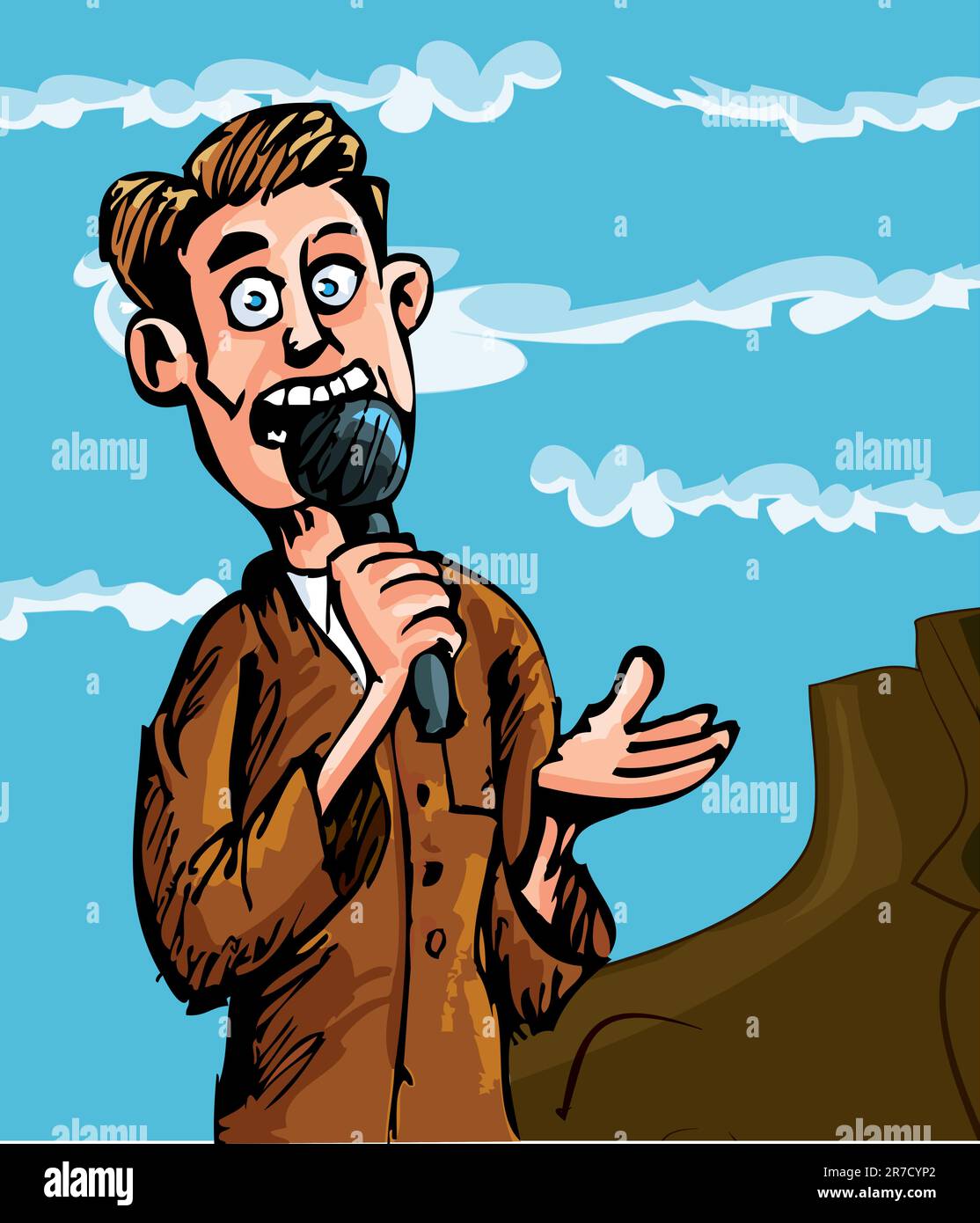 Cartoon reporter with a microphone. Sky and clouds behind Stock Vector ...