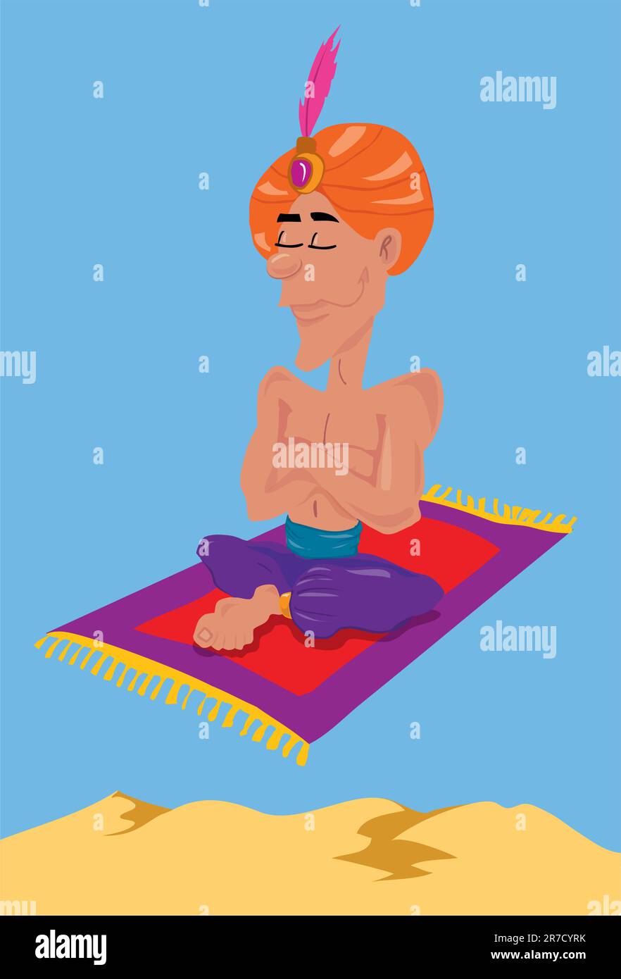 Cartoon genie flying on a carpet. Desert scene behind Stock Vector ...