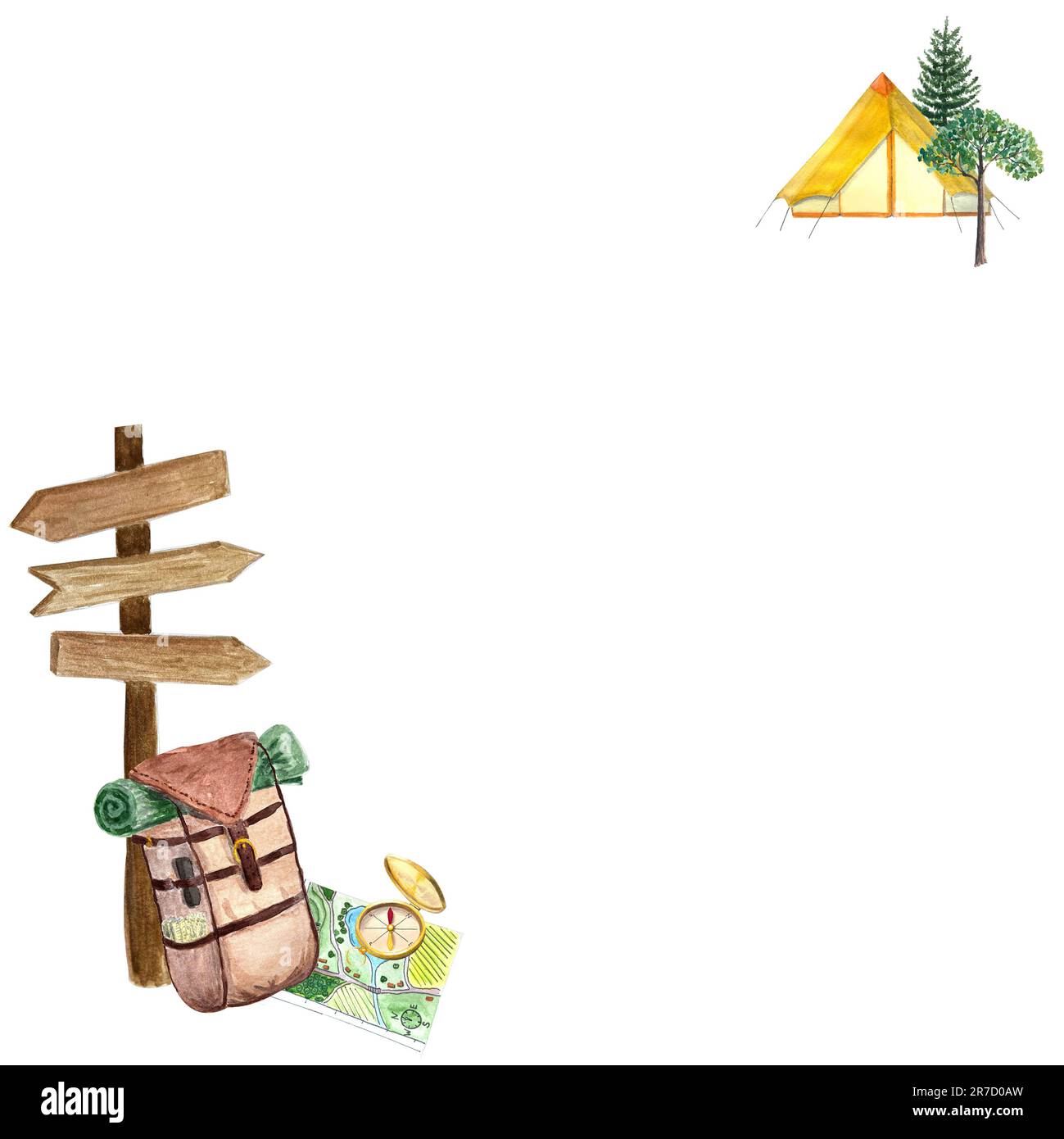 Watercolor adventure set angle frame, camp outdoor tourist camping ...