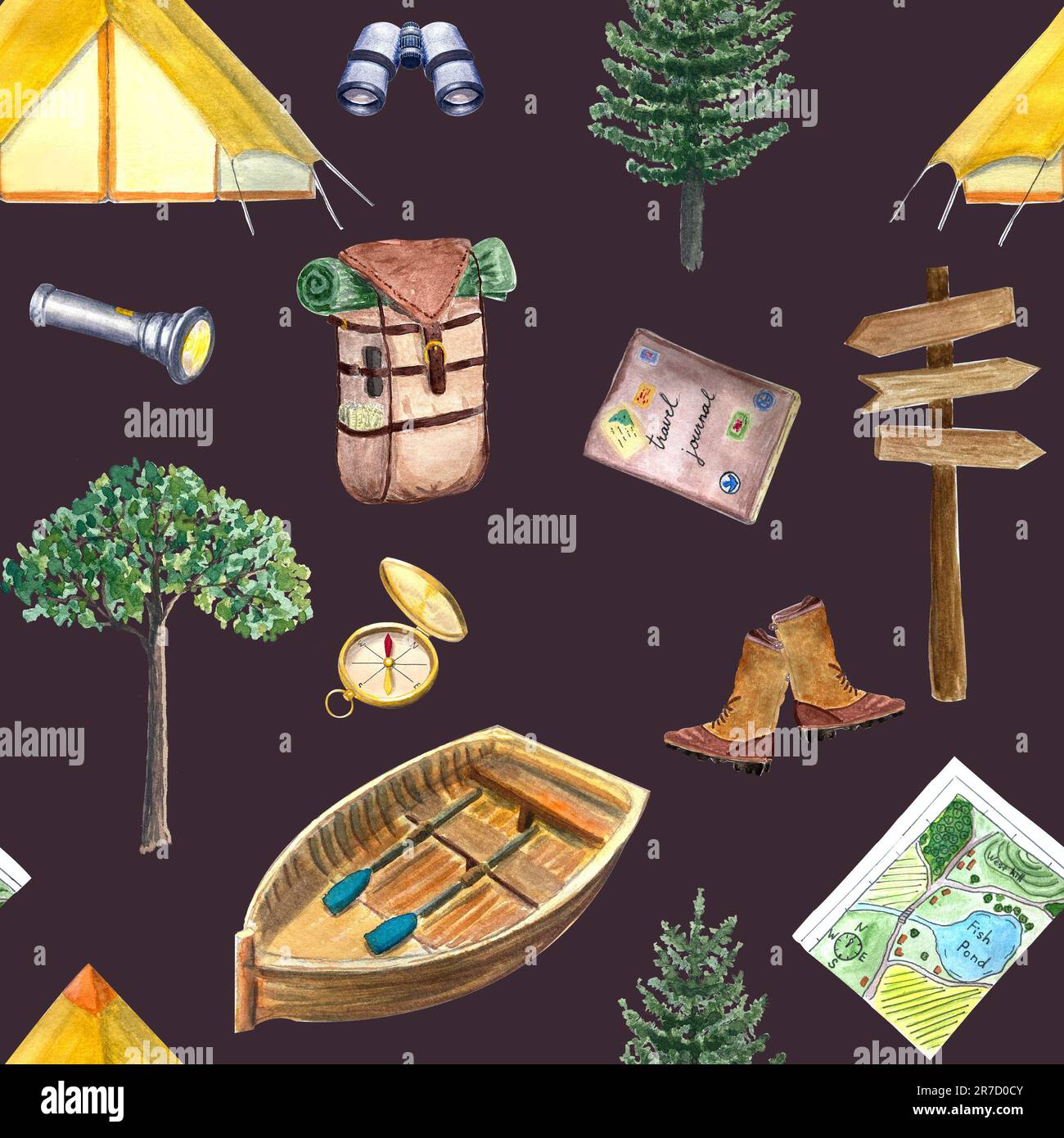Watercolor camping seamless dark background pattern wallpaper Stock ...