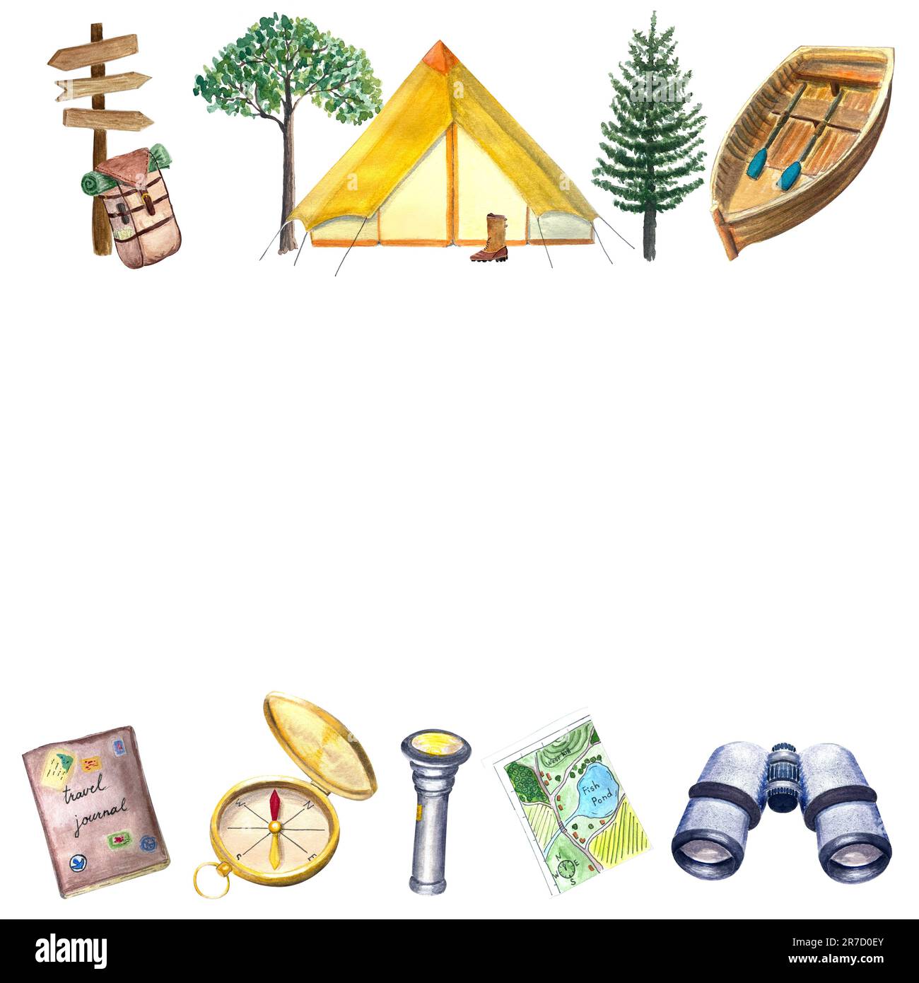 Watercolor adventure frame, outdoor backpack boat symbols Stock Photo ...