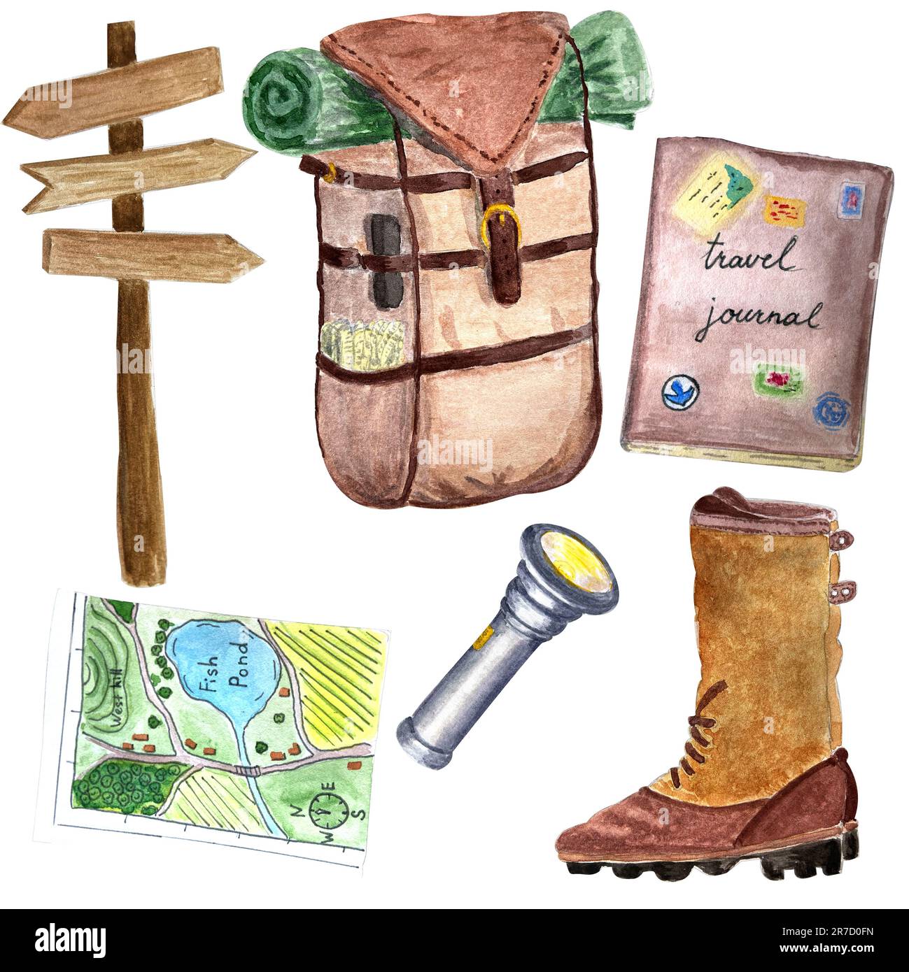 Travel backpack set isolated on white objects Stock Photo - Alamy