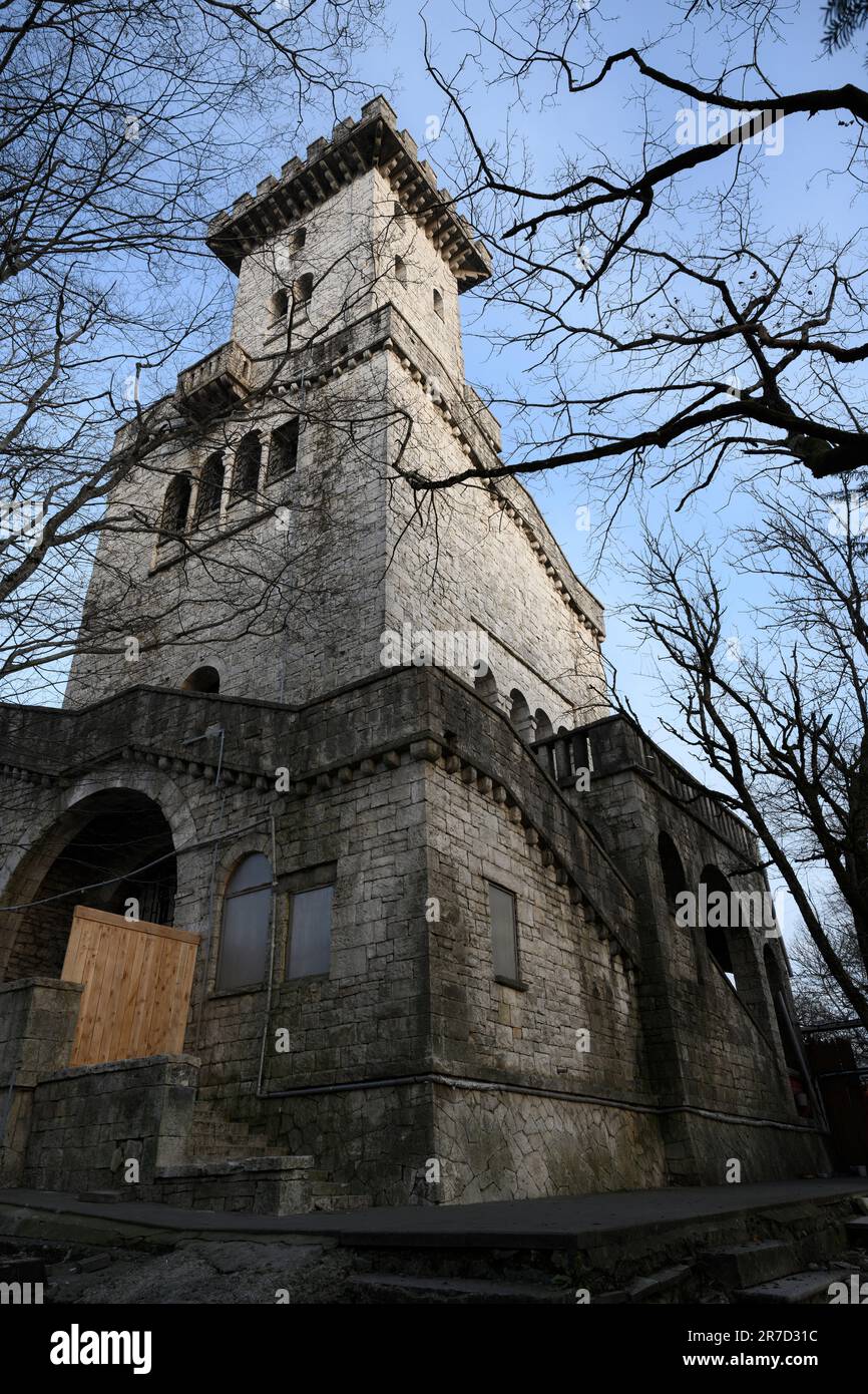 A medieval-style tower on Akhun Mountain at an altitude of 663 meters ...