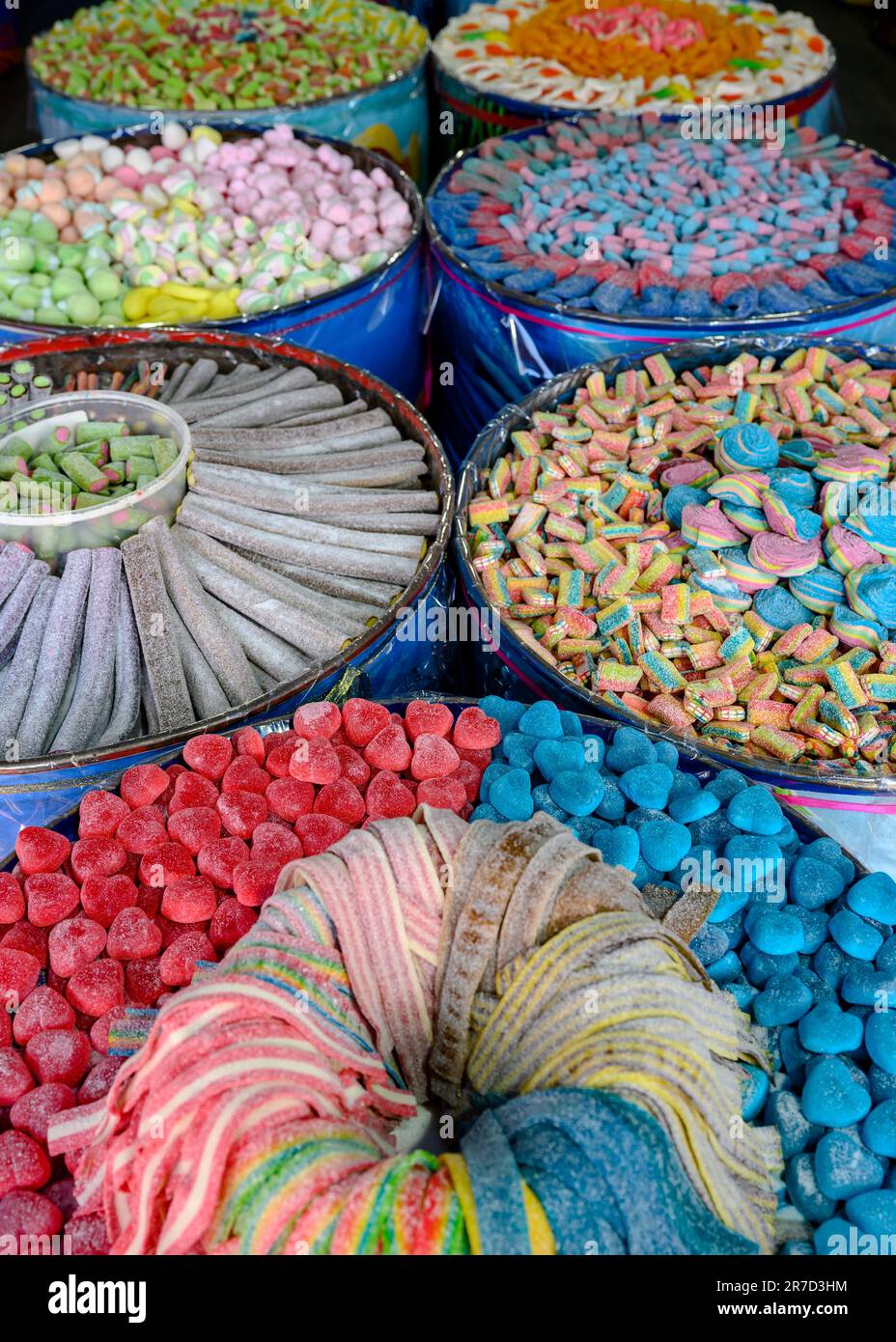 Barrels with colorful candies and marmalade Stock Photo - Alamy