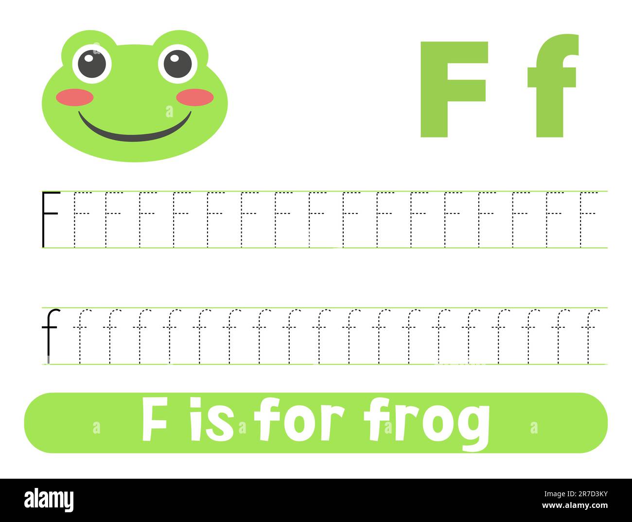 Tracing alphabet letter F with cute green frog. Worksheet for children ...