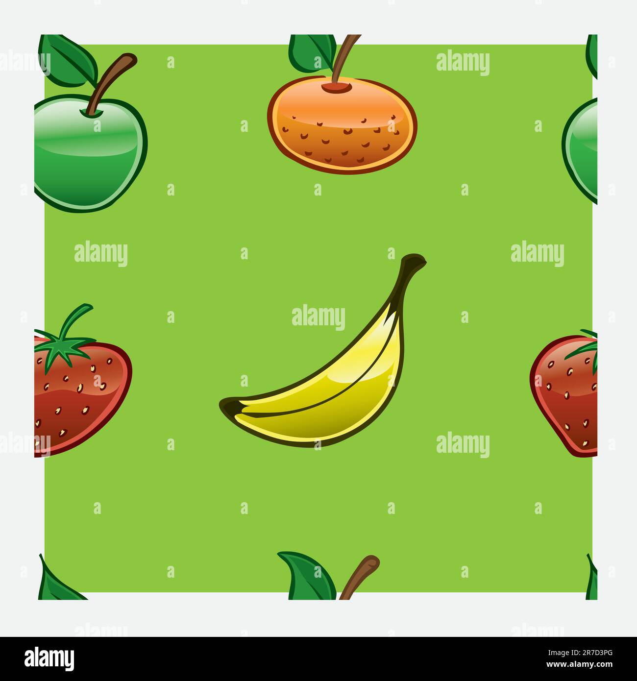 A series of fruits made into a repeat pattern against a grass green ...