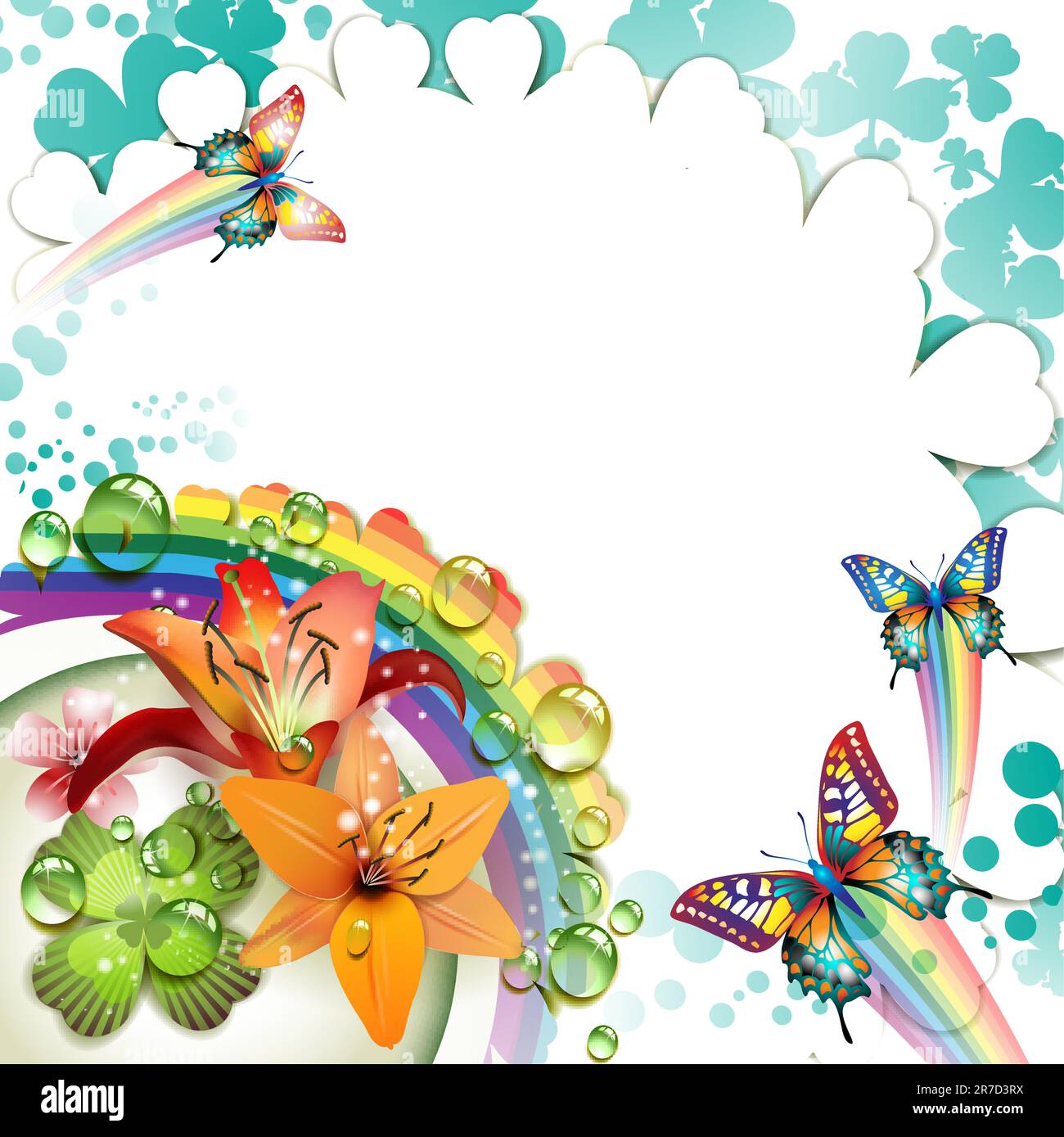 Background with lilies, clover and drops of water over rainbow Stock ...