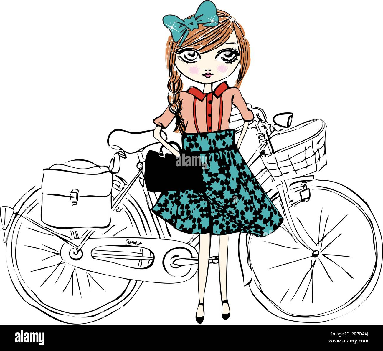 bike illustration girl sketch drawing penciled vector Stock Vector ...