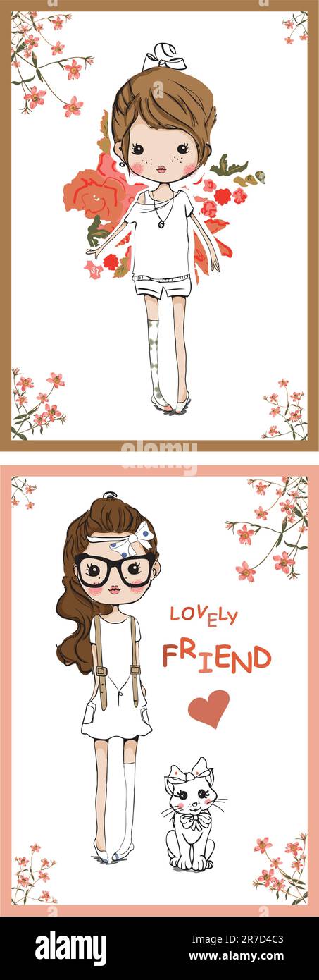 children set with flower vector background illustration sketch drawing ...