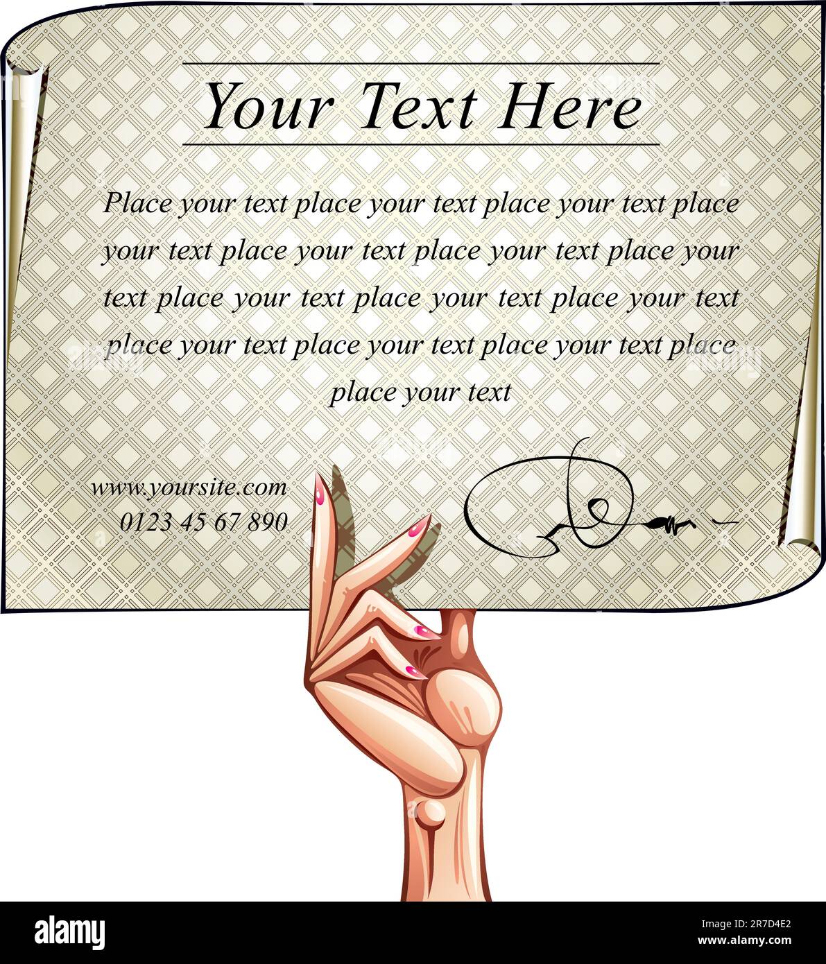 Design background with female hand holding document page. Vector ...