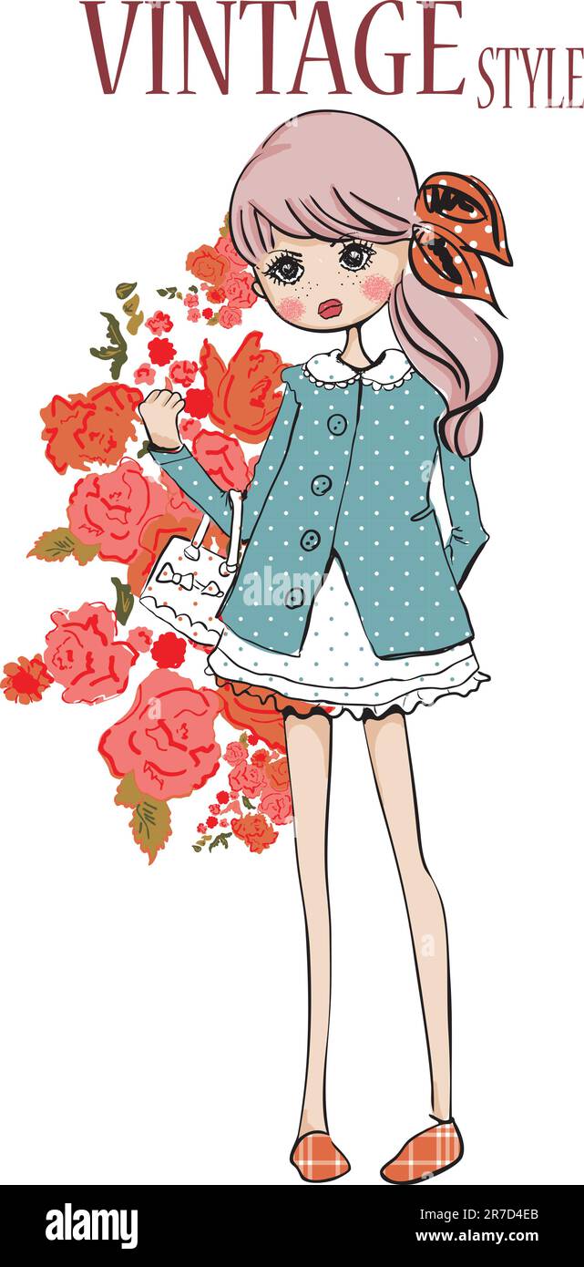 illustration girl flowers pattern vector drawing penciled sketch Stock ...