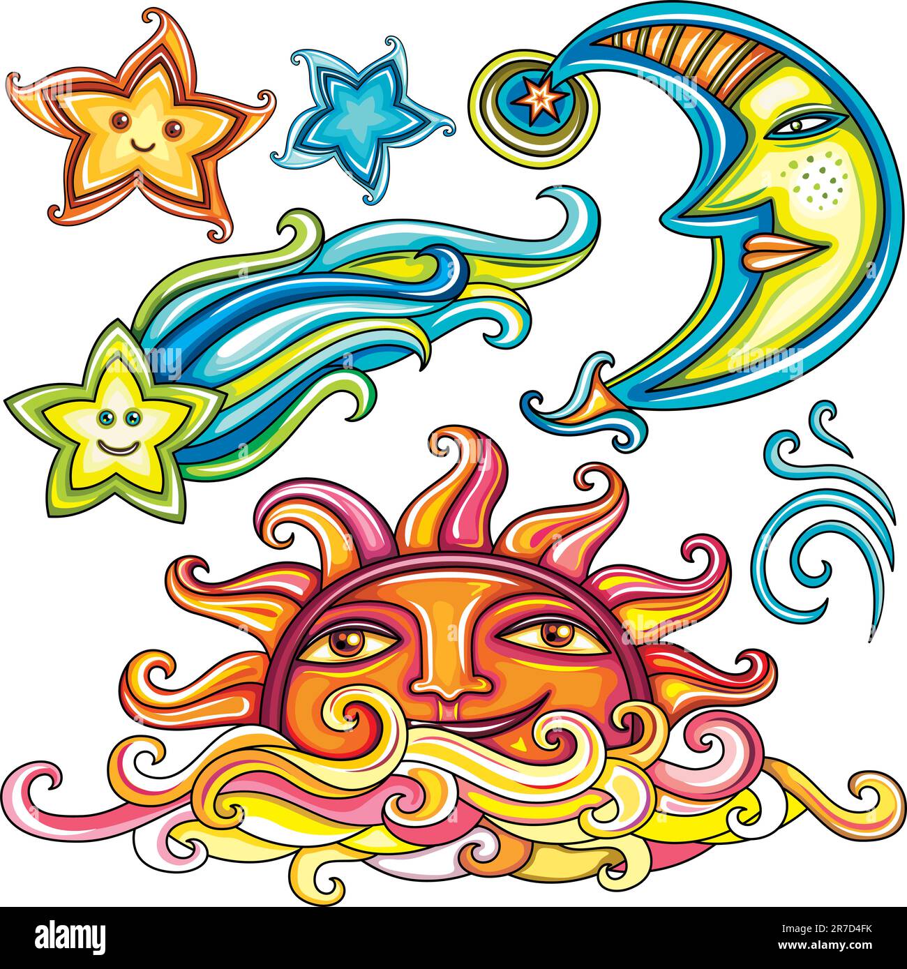 Vector set of Celestial symbols: sun, moon, star, comet, with human ...