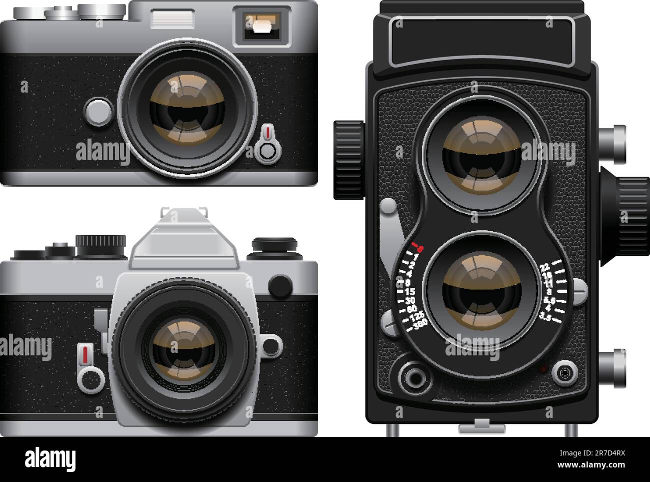Layered vector illustration of three kinds of old cameras Stock Vector ...