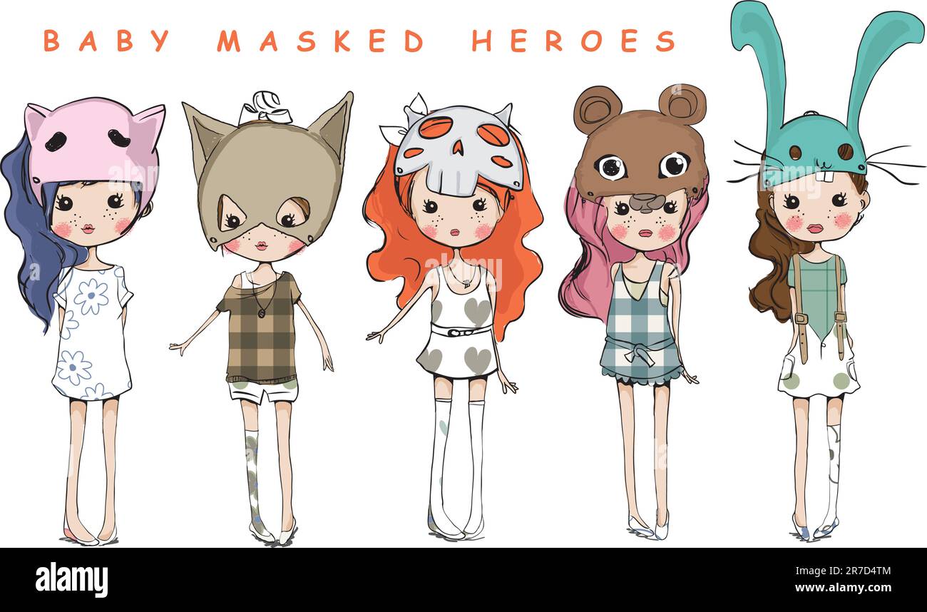 playing mask animals cute girls sketch drawing vector Stock Vector ...