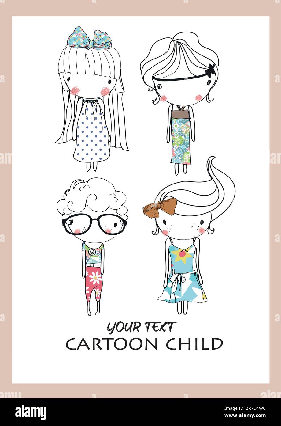 cartoon cute child playing illustration sketch drawing vector Stock ...
