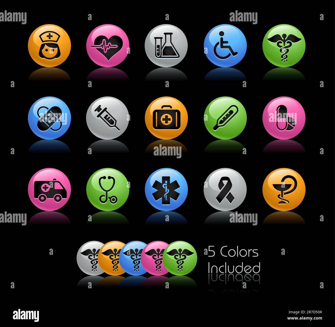The vector file includes 5 color versions for each icon in different ...