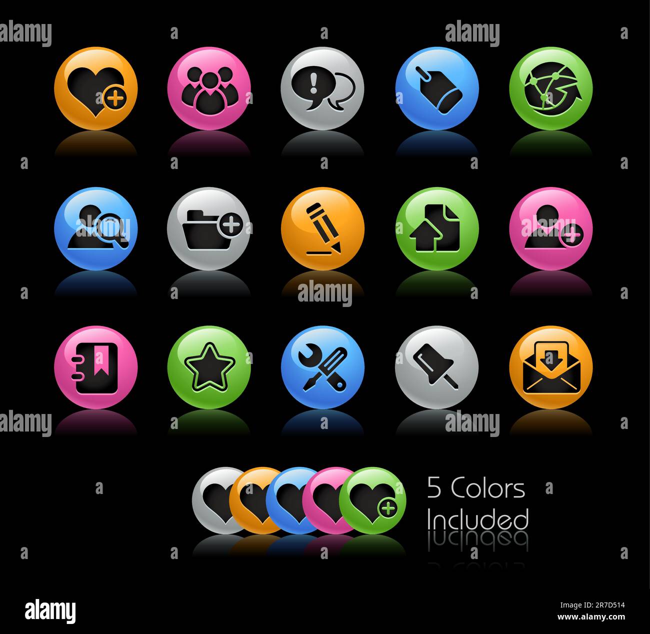 The vector file includes 5 color versions for each icon in different ...