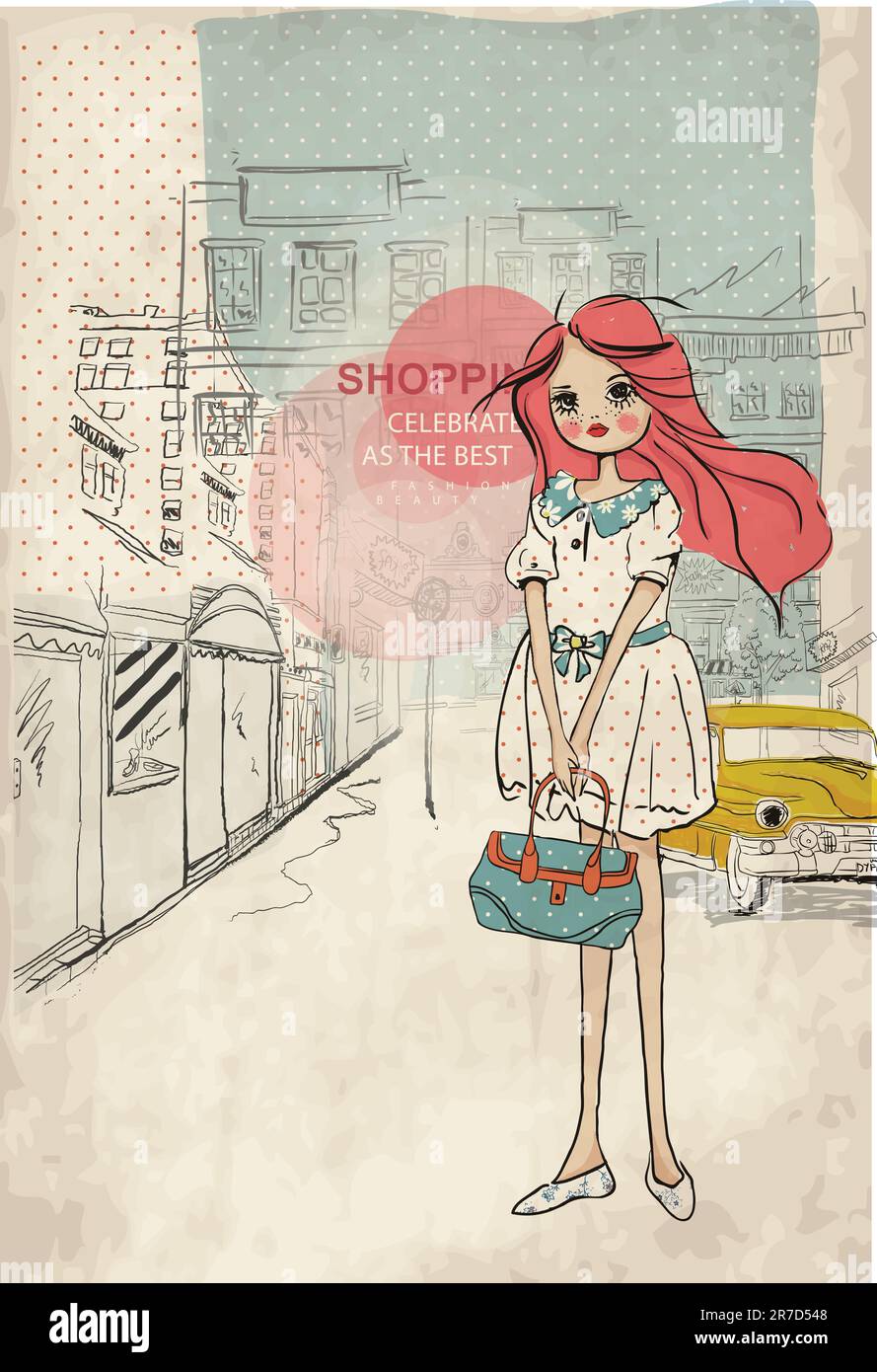 shopping girl with taxi city background illustration vector sketch ...