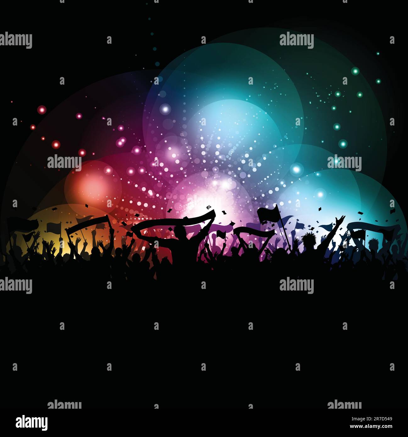 Silhouette of a crowd with banners and flags on a disco lights ...