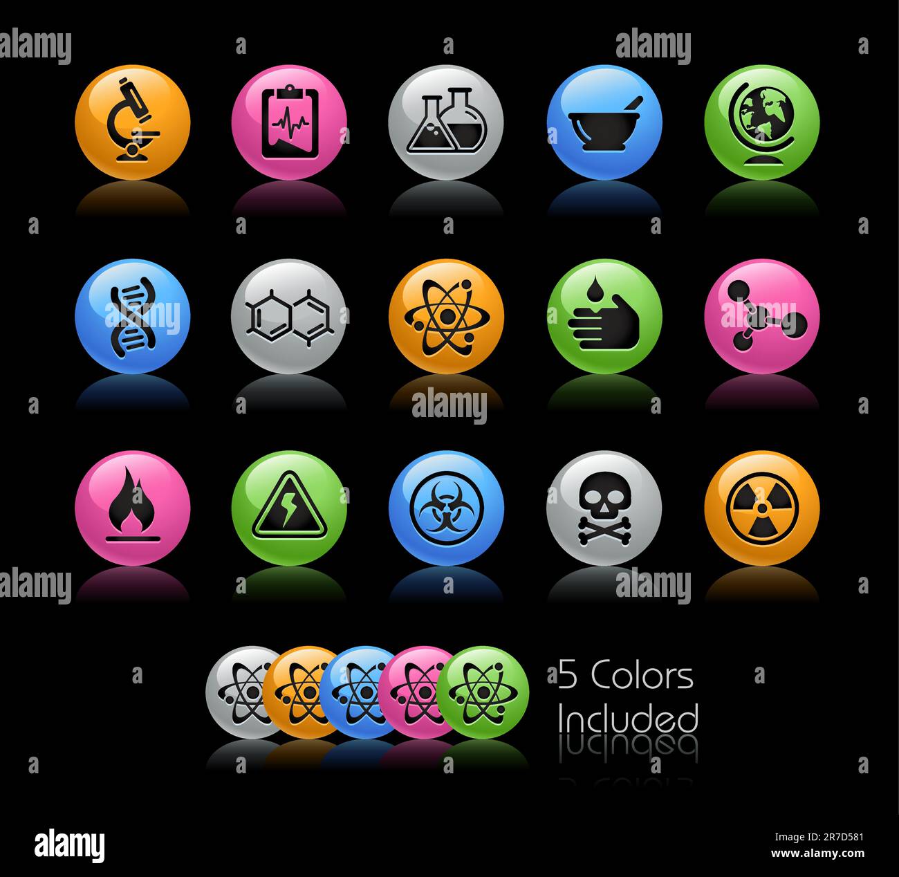 The vector file includes 5 color versions for each icon in different ...