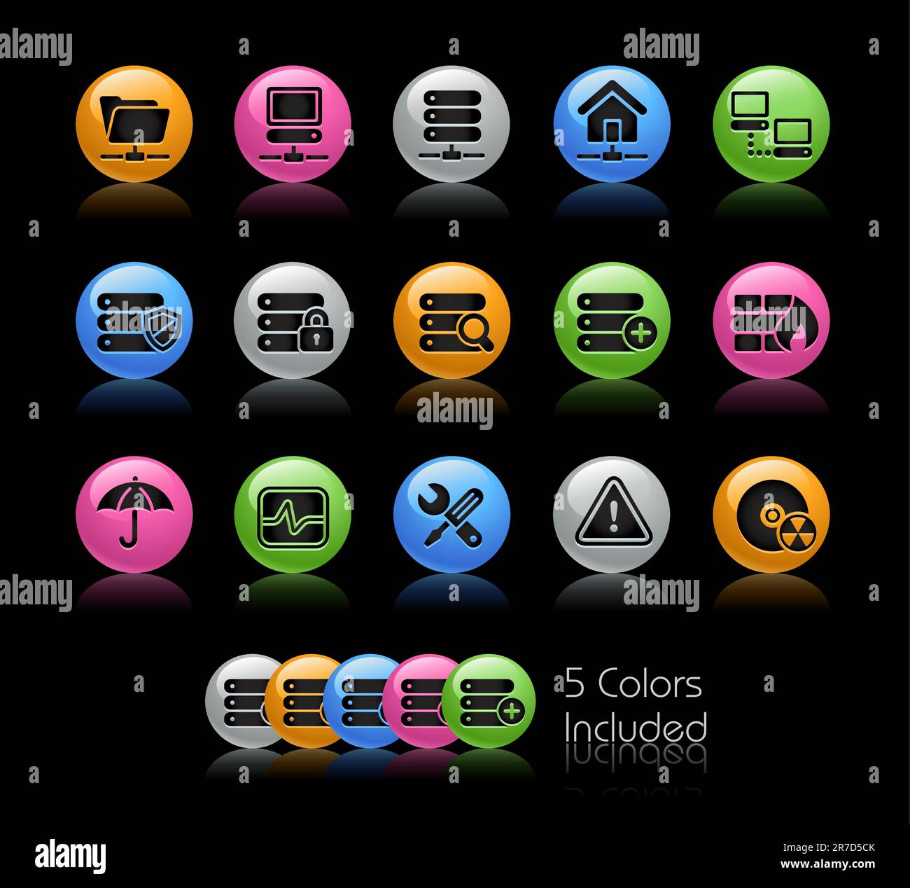 The vector file includes 5 color versions for each icon in different ...