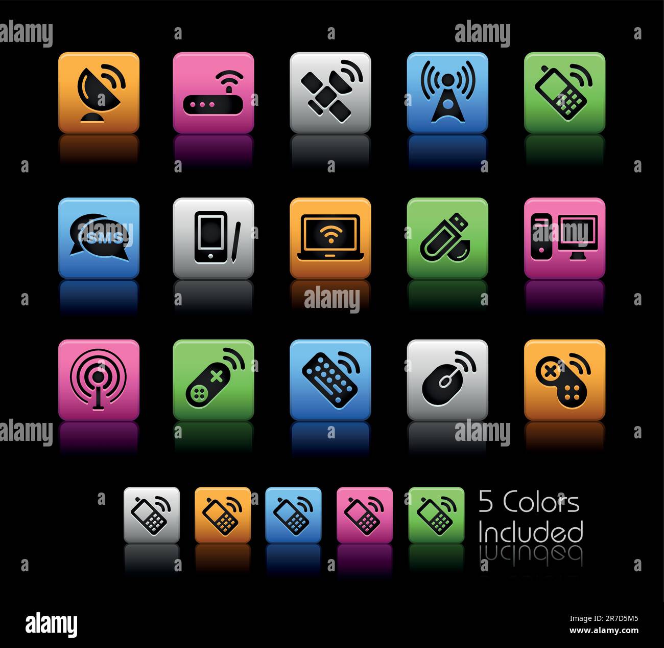 The vector file includes 5 color versions for each icon in different ...