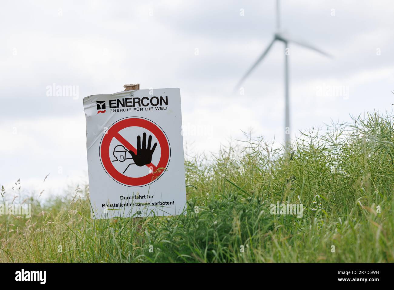 Brilon, Germany. 14th June, 2023. View of a prohibition sign of Enercon ...