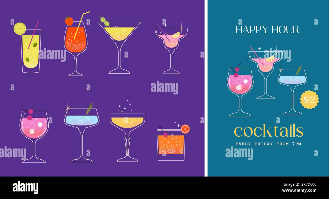 Modern flat summer cocktails collection. Colorful background with ...