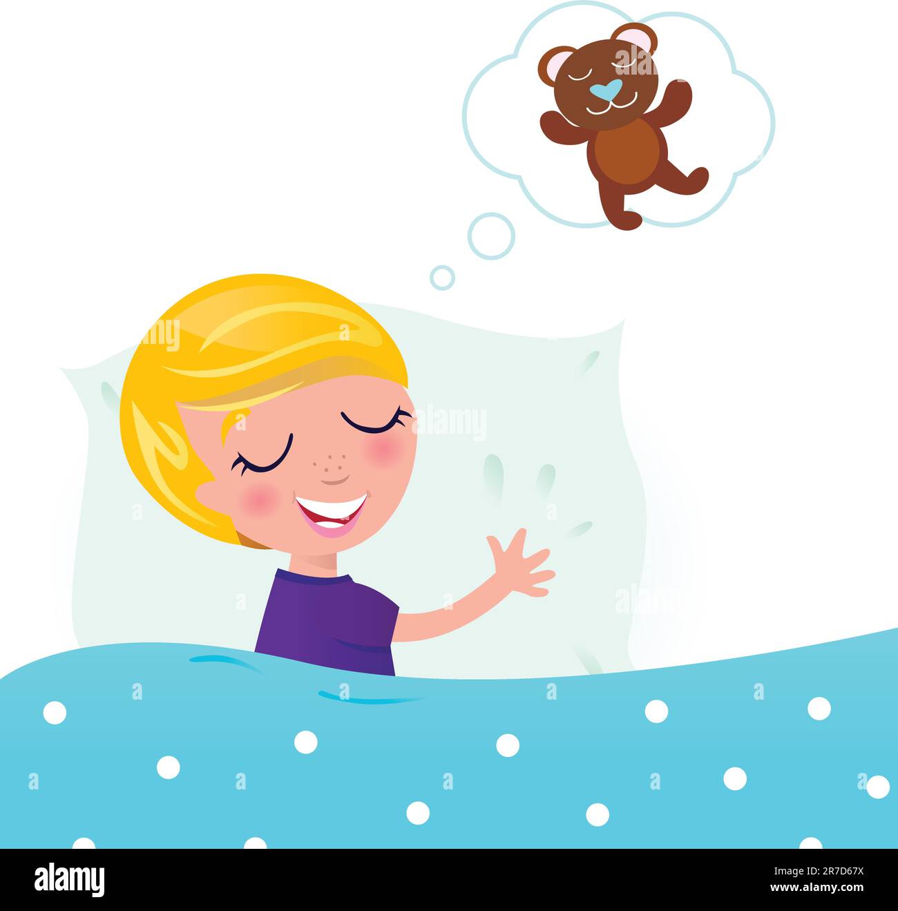 Little cute boy dreaming about new toy. Vector cartoon Illustration ...