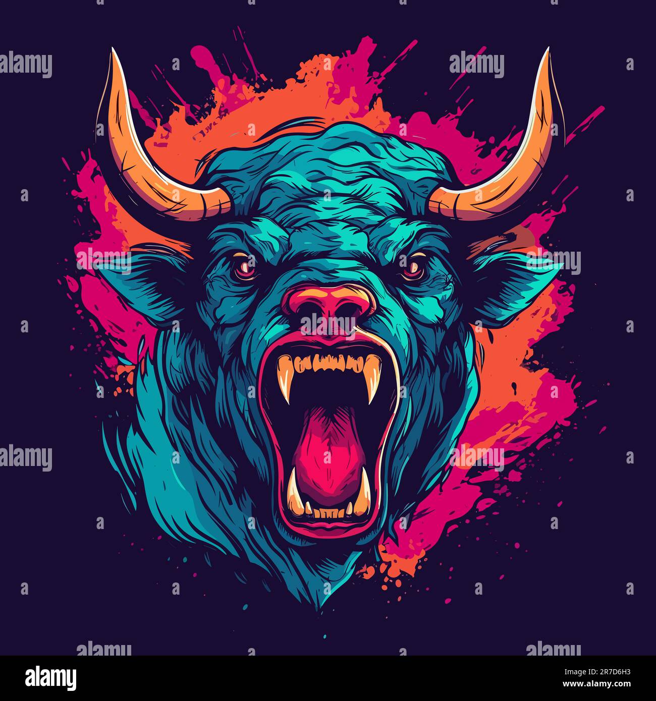 Mad aggressive bull head colorful brush style vector illustration for t ...