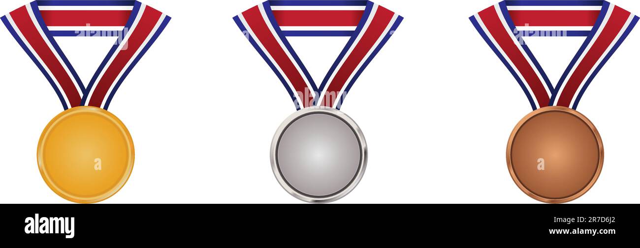 Silver and bronze award medals with red ribbons hi-res stock ...