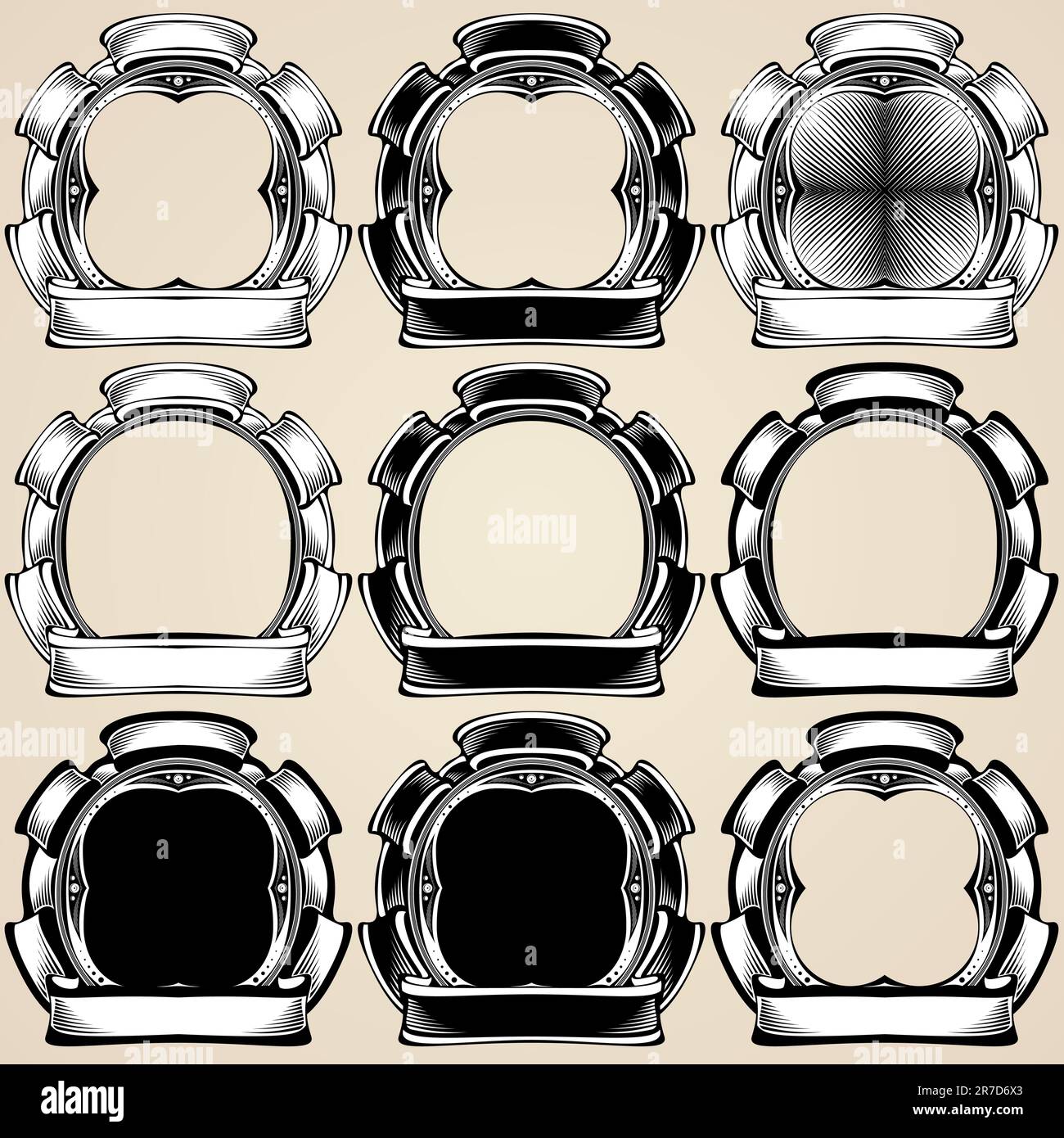 Vintage badges set. Vector single black color emblems and ribbon frames ...