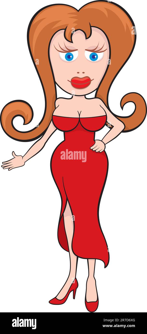 Cartoon illustration of a young woman in red dress Stock Vector Image ...