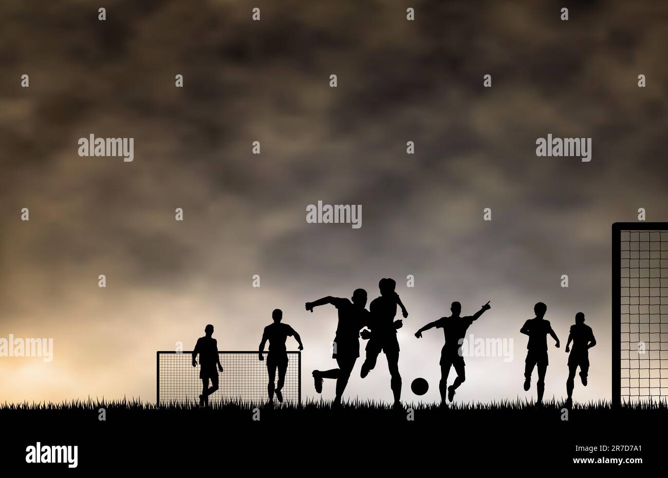 Editable vector illustration of men playing football with sky made ...