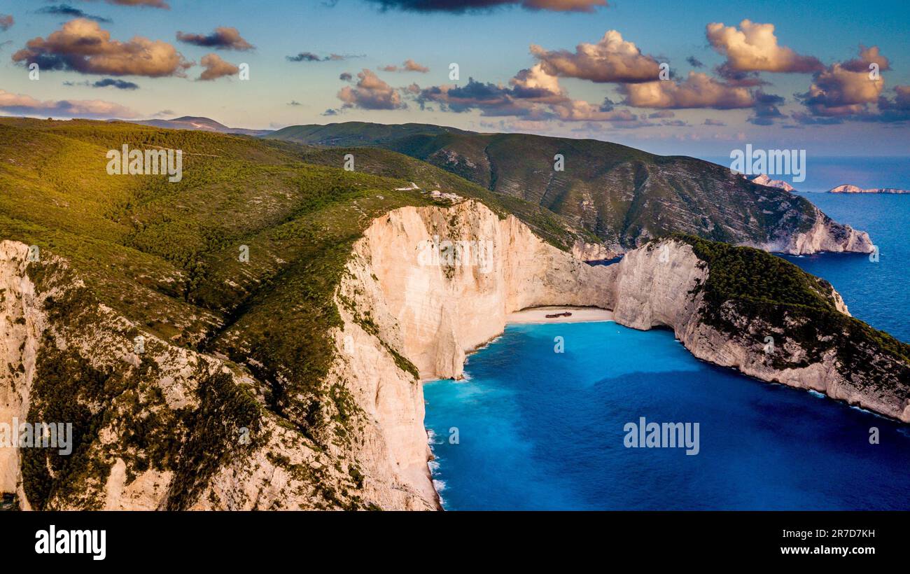 An aerial view of Navagio Beach in Zakynthos, Greece, with a stunning ...