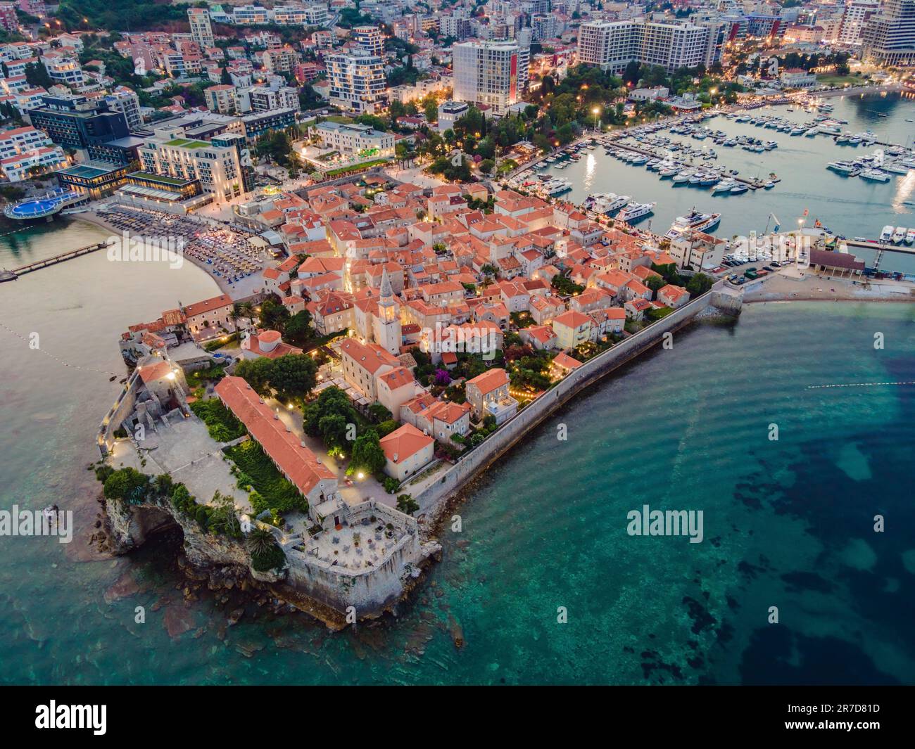 Budva city lights from Montenegro seen from above. Night view. Drone ...