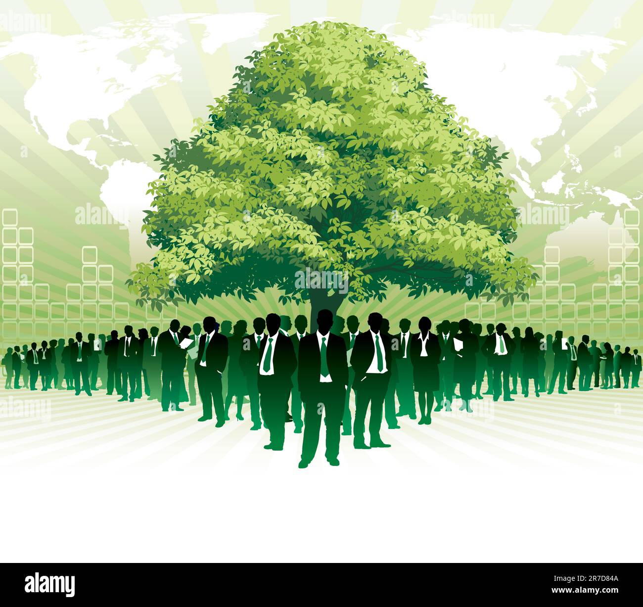 Businesspeople are standing under a big green tree in front of large ...