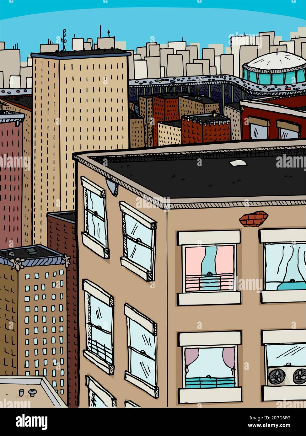 Dense urban scene with old apartments, offices and stadium with busy ...