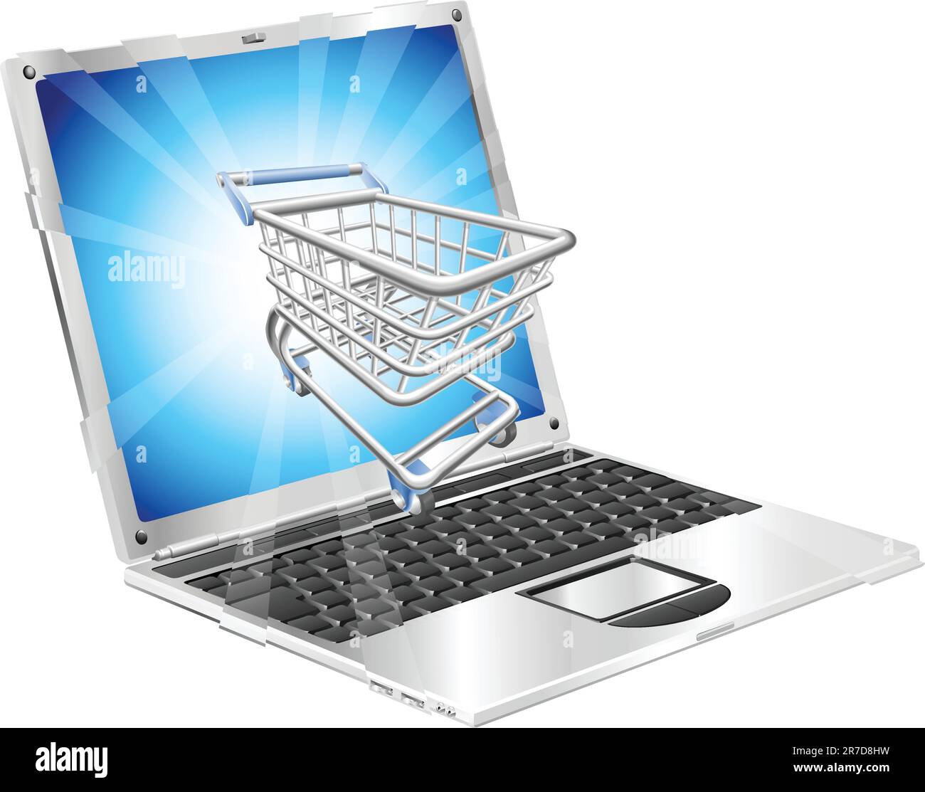 Internet shopping laptop concept illustration. Shopping cart flying out ...