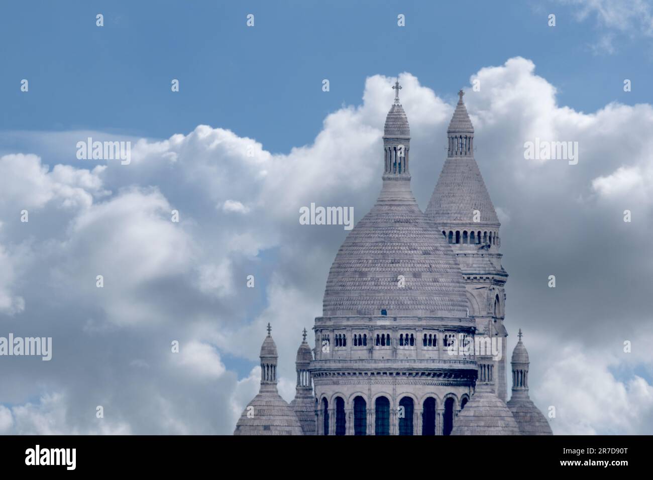 6 May 2023, Paris France. Telephoto shot of domes and turrets of Sacre ...