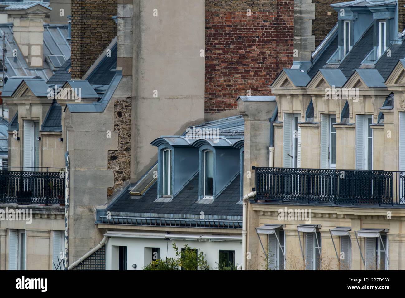 Close up roof top view of iconic Paris Haussmann apartment buildings ...